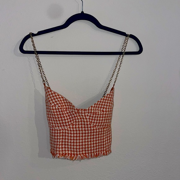 Cider | Tops | Cider Orange Tweed Checkered Blouse With Gold Chain ...